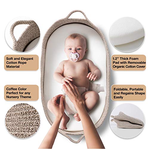 Baby Changing Basket - Moses Basket Changing Table Topper and Thick Foam Pad with Removable Cotton Mattress Cover, 100% Cotton Boho Nursery Decor with Storage Bag (BBYCHGBSKT01)