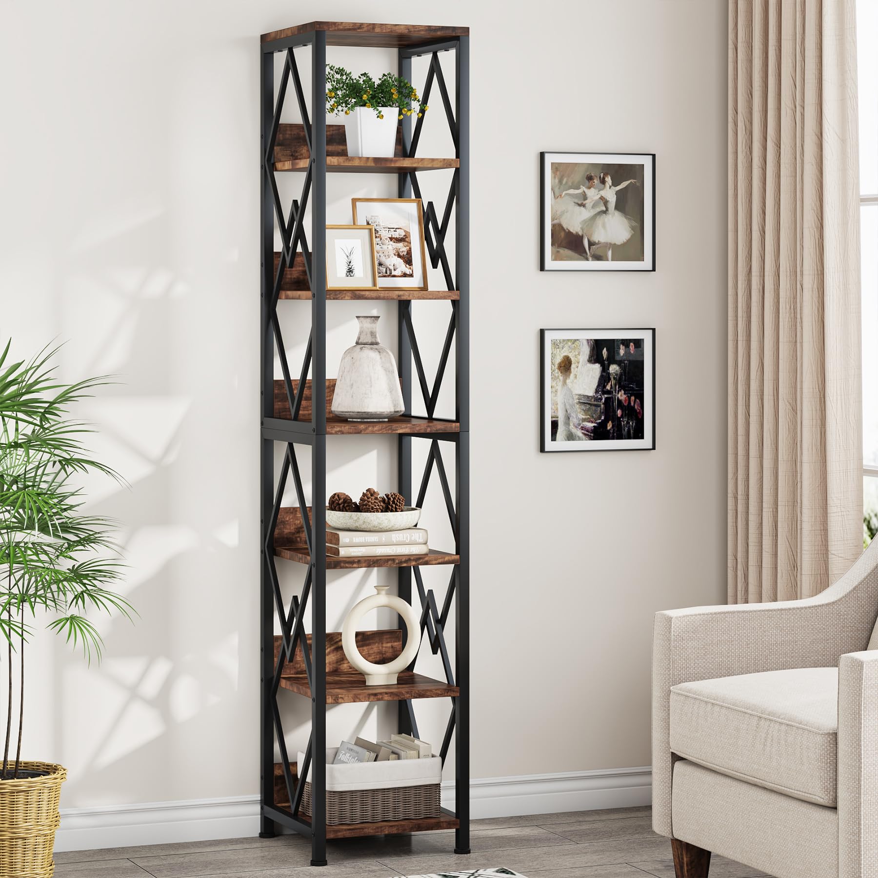 Tribesigns 6-Tier Bookshelf Storage Shelves: 75 Inches Tall Narrow Bookcase with Heavy Duty Metal Frame, Skinny Open Storage Display Rack for Living Room, Bedroom, Kitchen, Bathroom, Brown