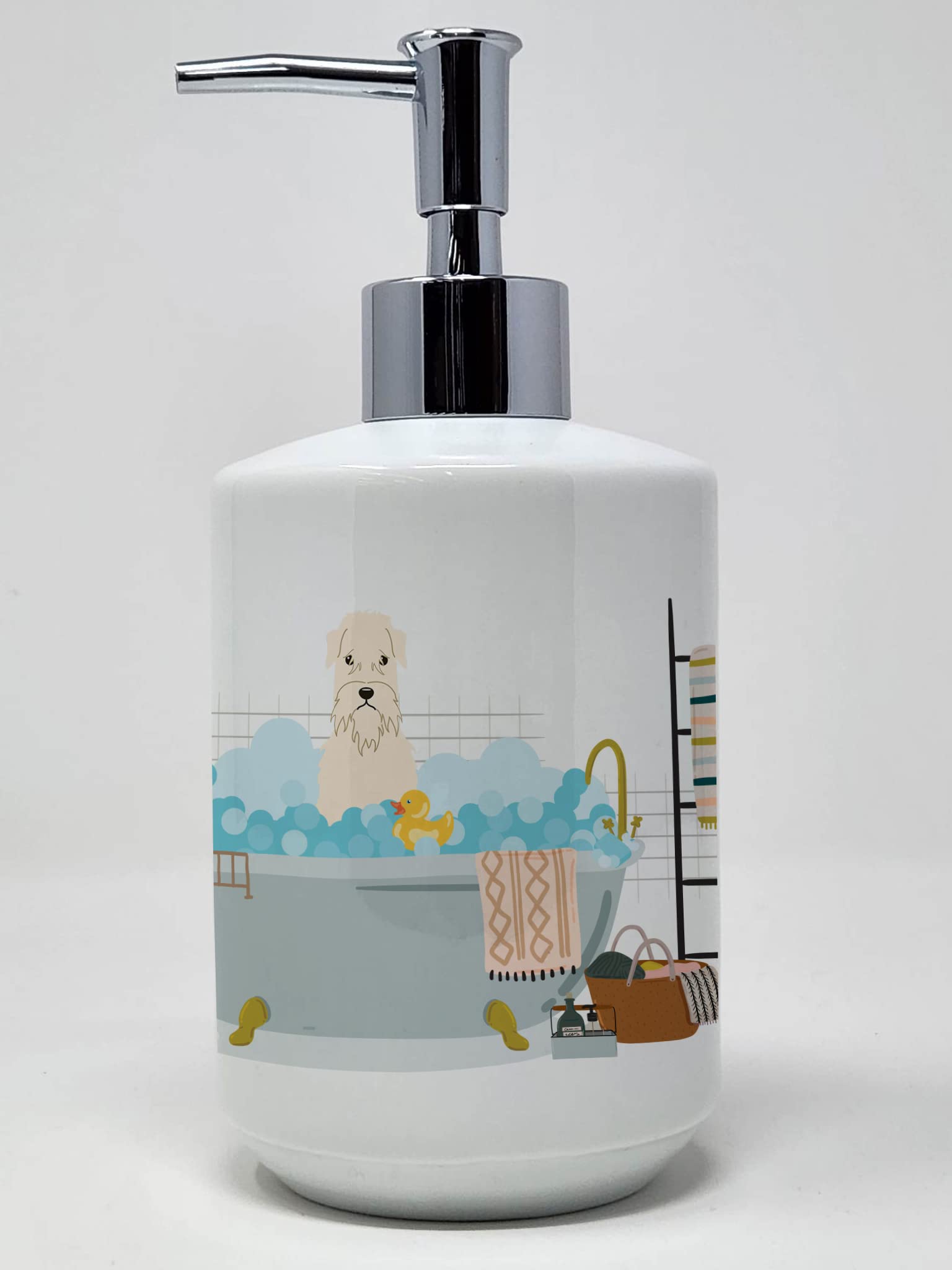 Caroline's Treasures WDK5758SOAP Soft Coated Wheaten Terrier in Bathtub Ceramic Soap Dispenser Hand Soap Dispenser Pump Bottles for Bathroom Kitchen, Empty Refillable Liquid Soap Container