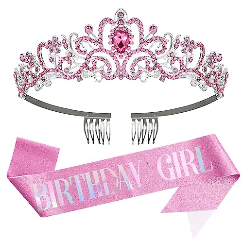 Birthday Girl Sash and Crown Set, Rhinestone Birthday Girl Headband Glitter Princess Birthday Sash And Crowns for Women Happy Birthday Tiara Accessories Favors (pink)
