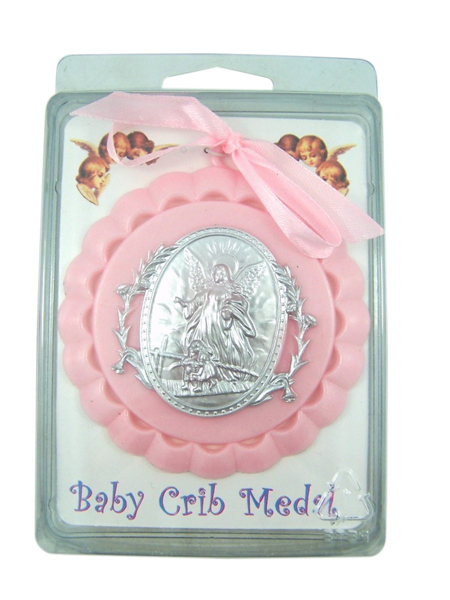 Moulded Acrylic Pink Crib Medal with Guardian Angel for Baby Girl Nursery Decor, 3 1/2 Inch