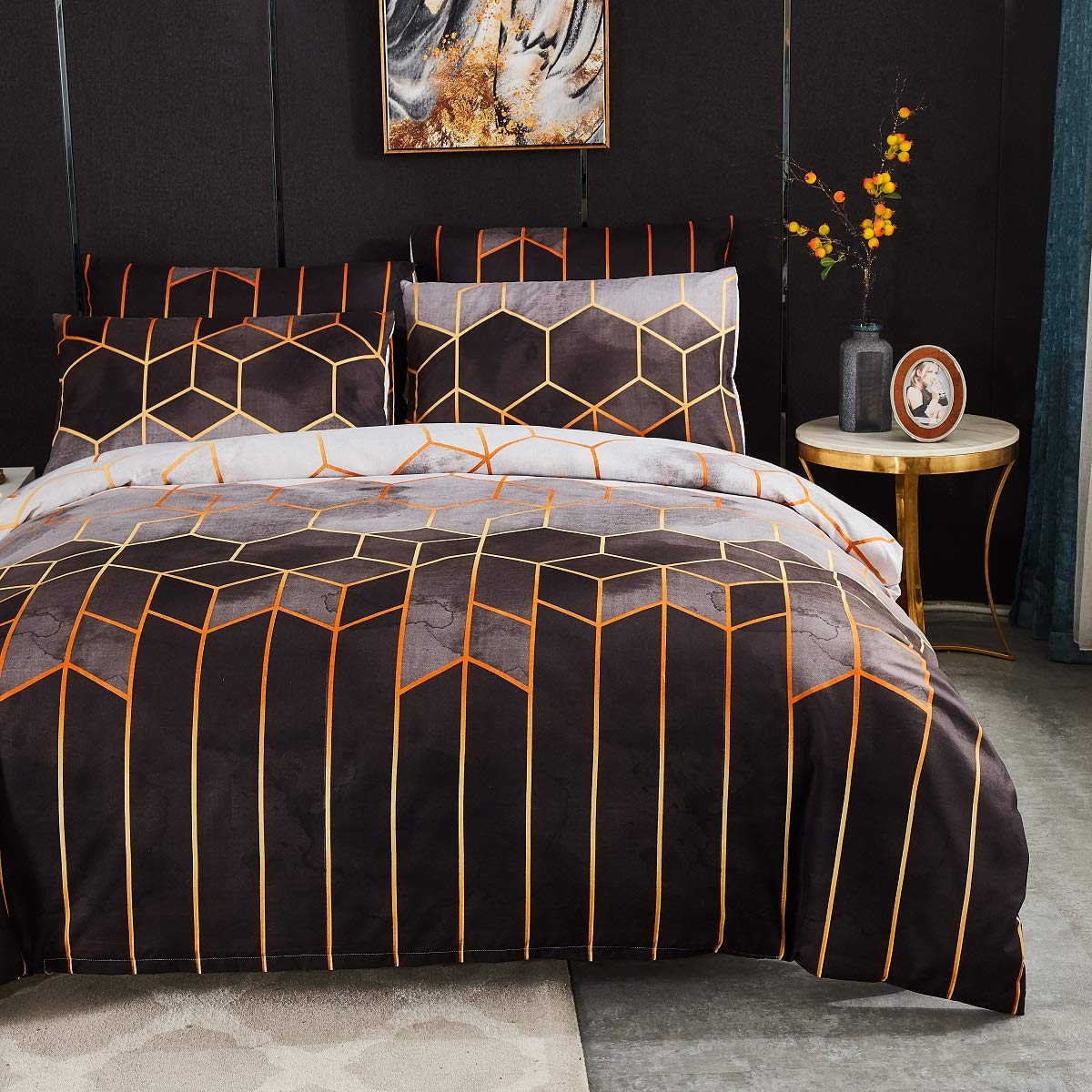 iyoimono Grey Geometric Geo Duvet Cover Set Gold Line Checkered Plaid Bedding Set Reversible Black King Size Quilt Comforter Cover with Zipper Closure Winter Summer Duvet Cover and 2 Pillow Shams