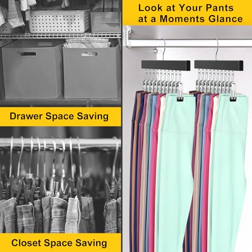 Closet Organizer, Legging Organizer for Closet, Wooden Hangers with Clips Holds 20 Leggings/Pants/Jeans/Shorts, Hanging Closet Organizer w/Rubber Coated, 360°Rotating Hook, Space Saving, 2Pcs Black