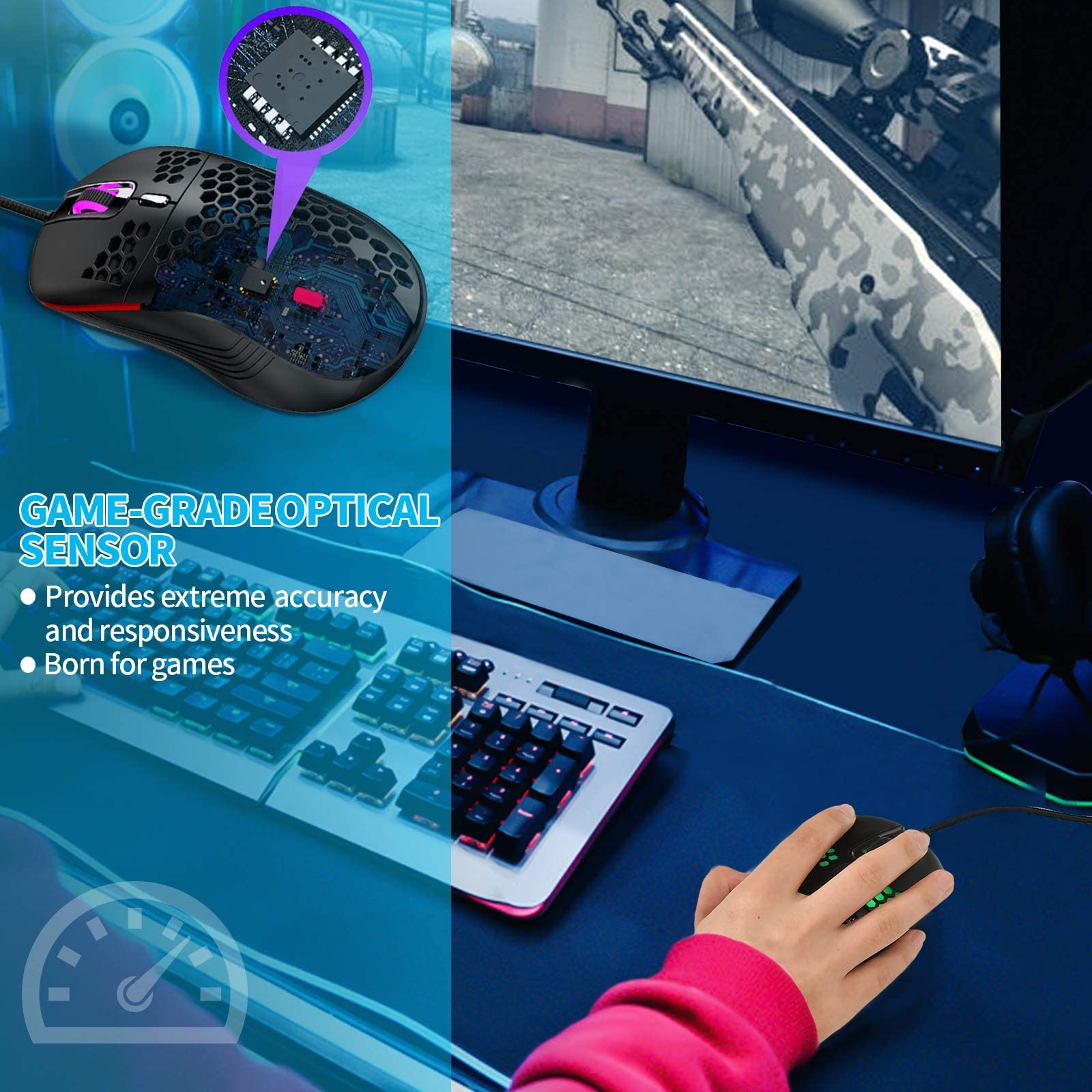 Honeycomb Wired Gaming Mouse, RGB Backlight and 7200 Adjustable DPI, Ergonomic and Lightweight USB Computer Mouse with High Precision Sensor for Windows PC & Laptop Gamers (Black)