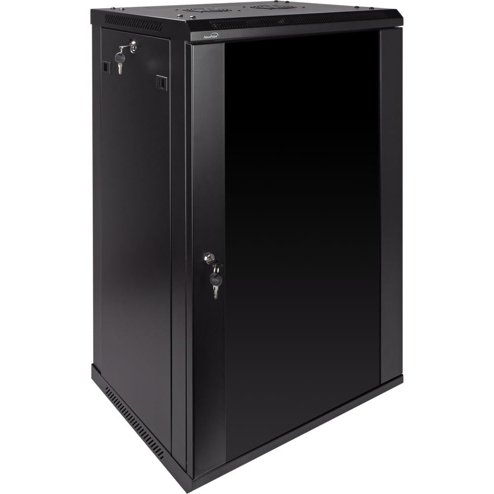 NavePoint 18U Server Rack Enclosure - 17.7β Deep, 18U Wall Mount Network Cabinet with Locking Glass Door for 19β IT Equipment, 18U Network Rack with 2 Fans, Removable Side Panels, Black
