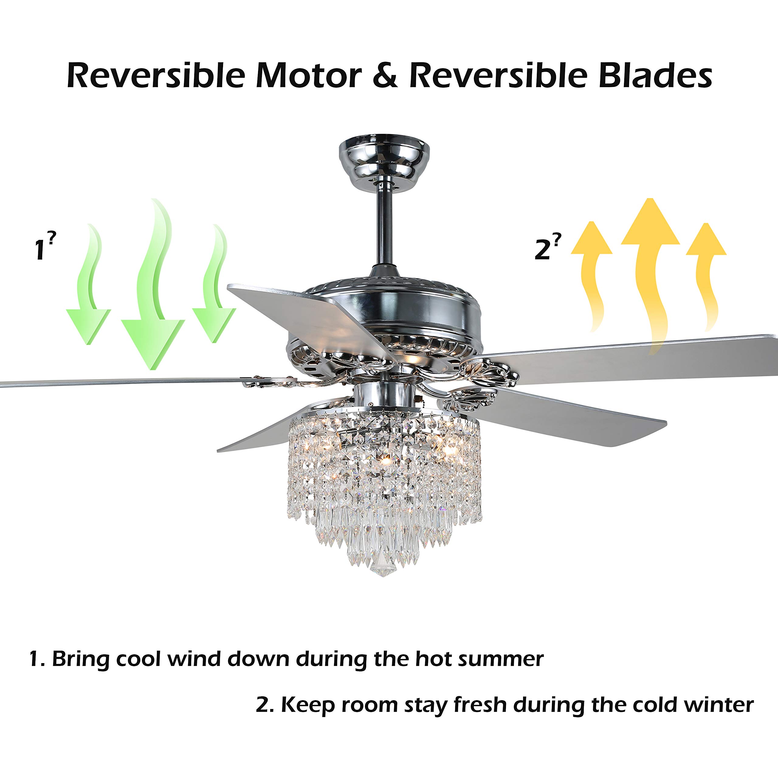 Bella Depot 52" Crystal Chandelier Ceiling Fan with Light and Remote, Dual-Sided Blades Modern Chandelier Fan for Living Room Dining Room Bedroom