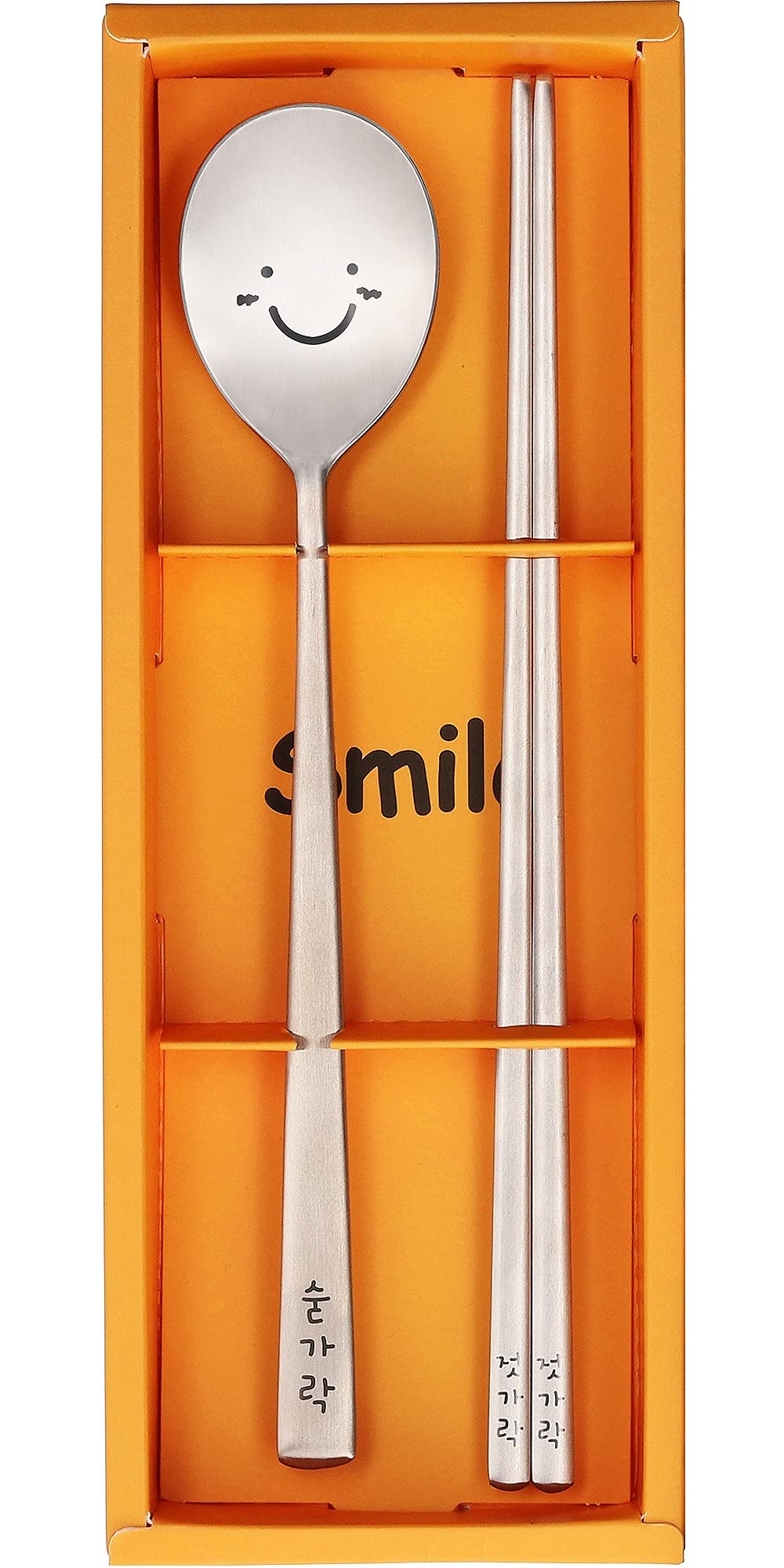 BAPMOO Korean Chopsticks and Spoon Set Combinations Reusable Long Handle Metal Stainless Steel Good for Gift Happy Face & Hangul Characters Engraved Silver