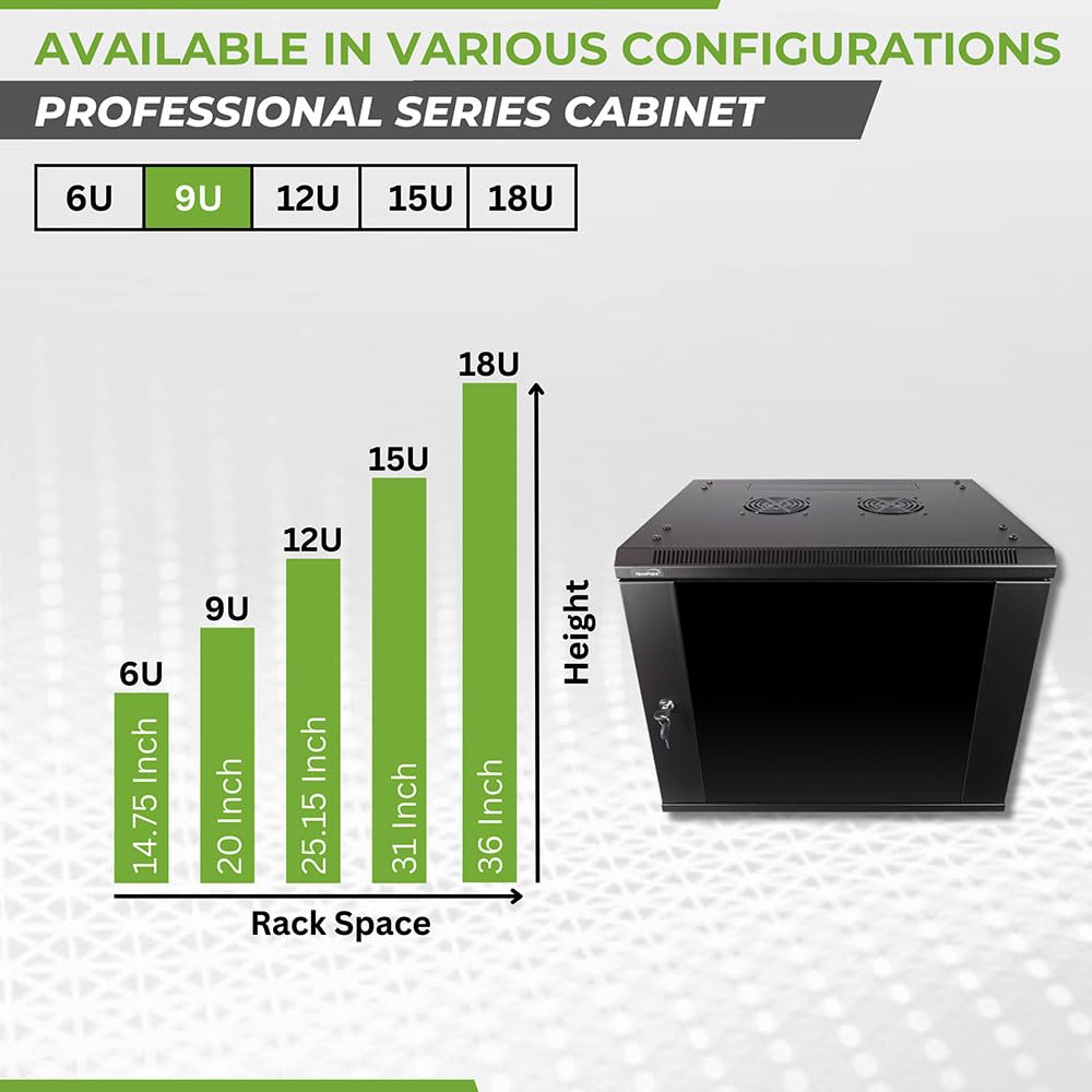 NavePoint 9U Server Rack Enclosure - 17.7β Deep, 9U Wall Mount Network Cabinet with Locking Glass Door for 19β IT Equipment, 9U Network Rack with 2 Fans, Removable Side Panels, Black