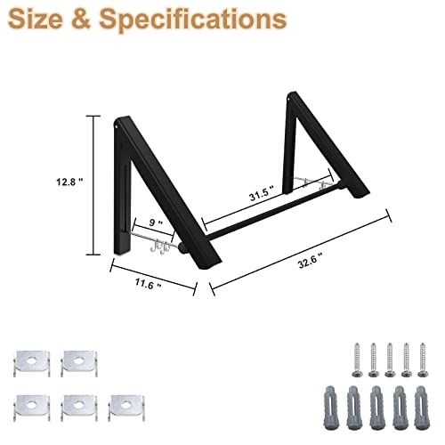 Clothes Drying Rack Folding Indoor with 32” Rod, Wall Mounted Foldable Clothes Hanger for Laundry Room, Collapsible Small Laundry Drying Rack for Dryer Room Closet Organization (2 Pack, Black)