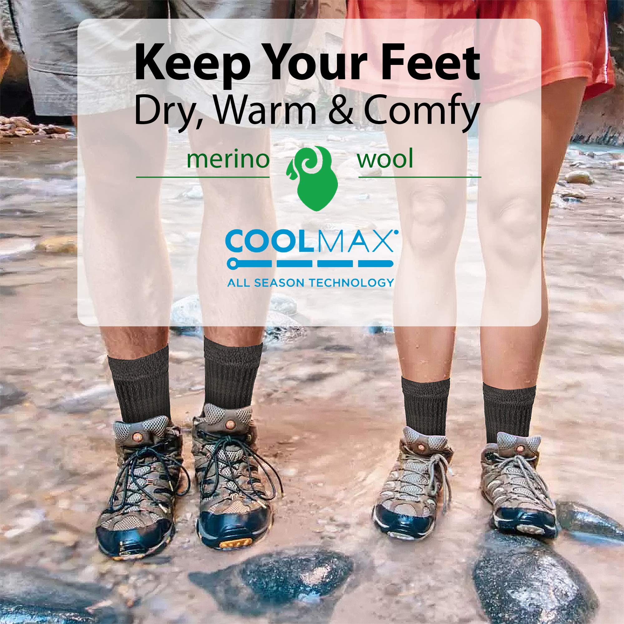aZengear Premium Coolmax Merino Wool Hiking Socks for Men & Women - Trekking - Seamless Toe - Cushioned - Breathable & Soft - L