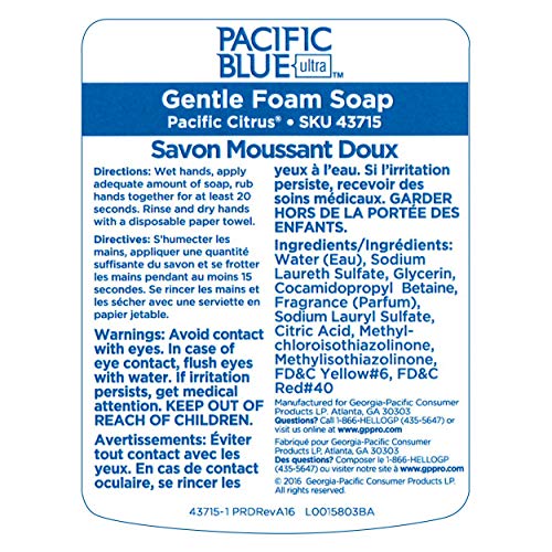 Georgia-Pacific Pacific Blue Ultra Manual Gentle Foam Hand Soap Refills by GP PRO (Georgia-Pacific),Pacific Citrus,43715,1200 mL Per Bottle,4 Bottles Per Case
