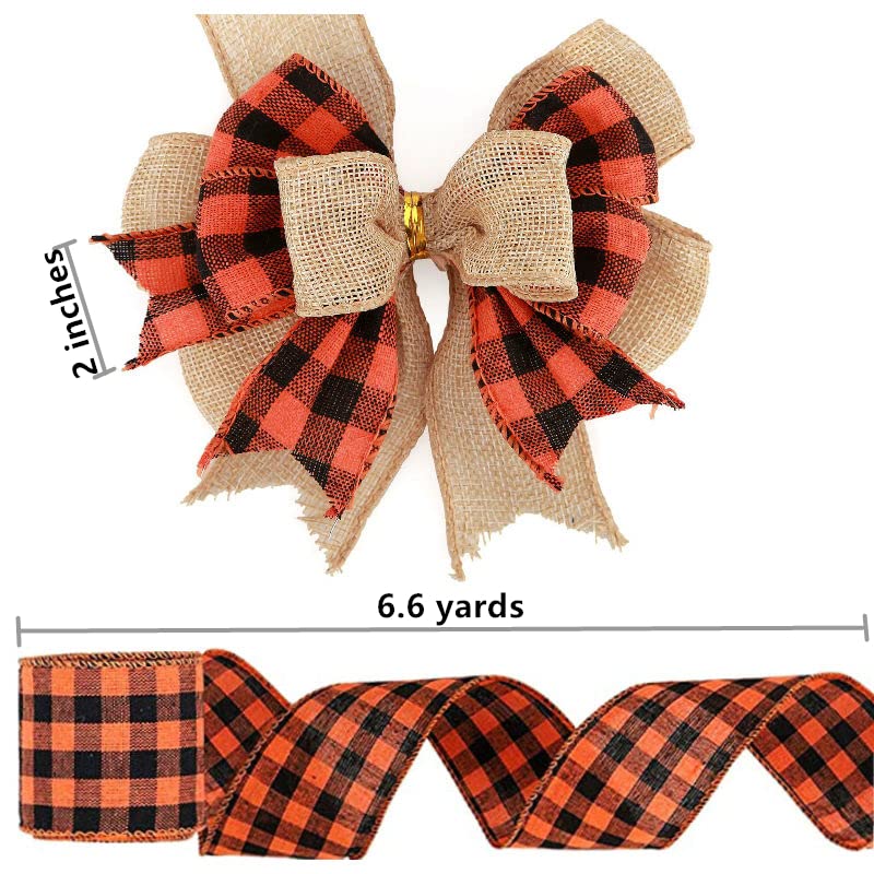 Pumpkin Orange and Black Gingham Buffalo Plaid Ribbon,Thanksgiving Fall Wired Edge Ribbon Halloween Christmas Wrapping Ribbon Wired Craft for Holiday Wrapping, Bow Crafts Decoration