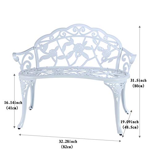 C/G Patio Balcony Bench Double Seat, Anti-Rust Cast Aluminum Patio Garden Bench for Park Yard Outdoor Furniture White