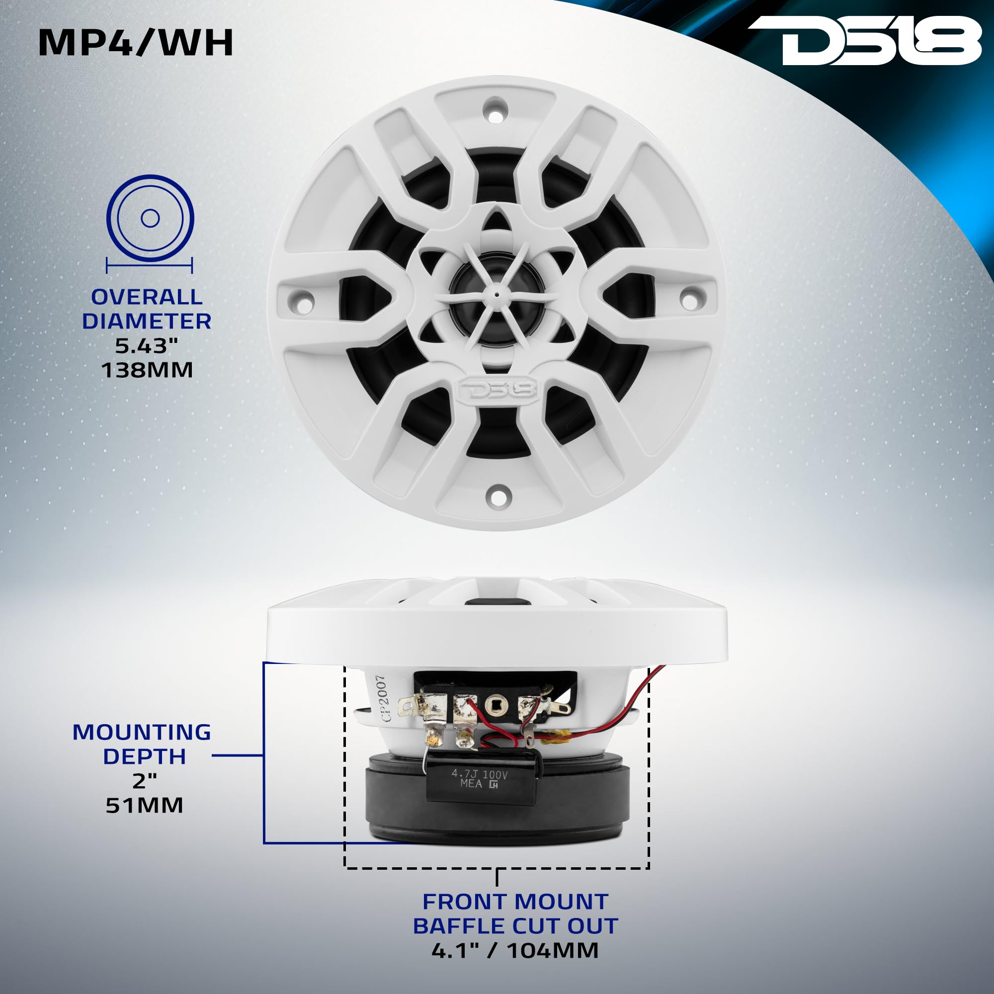 DS18 MP4/WH White Marine Speaker - 4", 2-Way, 150W Max, 100% UV Stable, IPX5 Marine, 4 Ohms - for All Elements, UTV, ATV & Jeeps (2 Speakers)