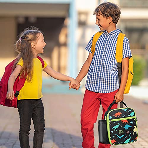 Bagseri Kids Lunch Box, Insulated Lunch Box Bag for Boys, Portable Reusable Toddler Lunch Cooler Bag for School, Water-resistant Lining(Black & Dinosaur)