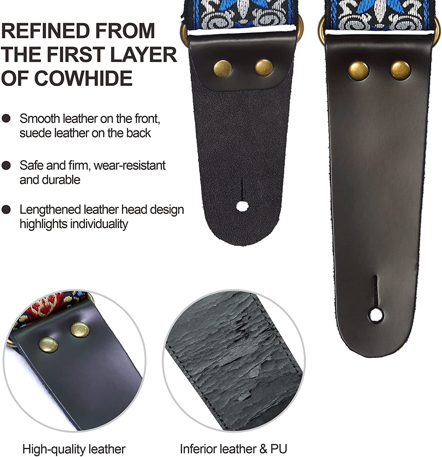 Guitar Strap, Vintage Embroidered Cotton Guitar Straps with Genuine Leather Ends for Bass, Electric & Acoustic Guitars, Come with Free Strap Button, 1 Pair Strap Locks and 4 Guitar Picks (Blue Flower)