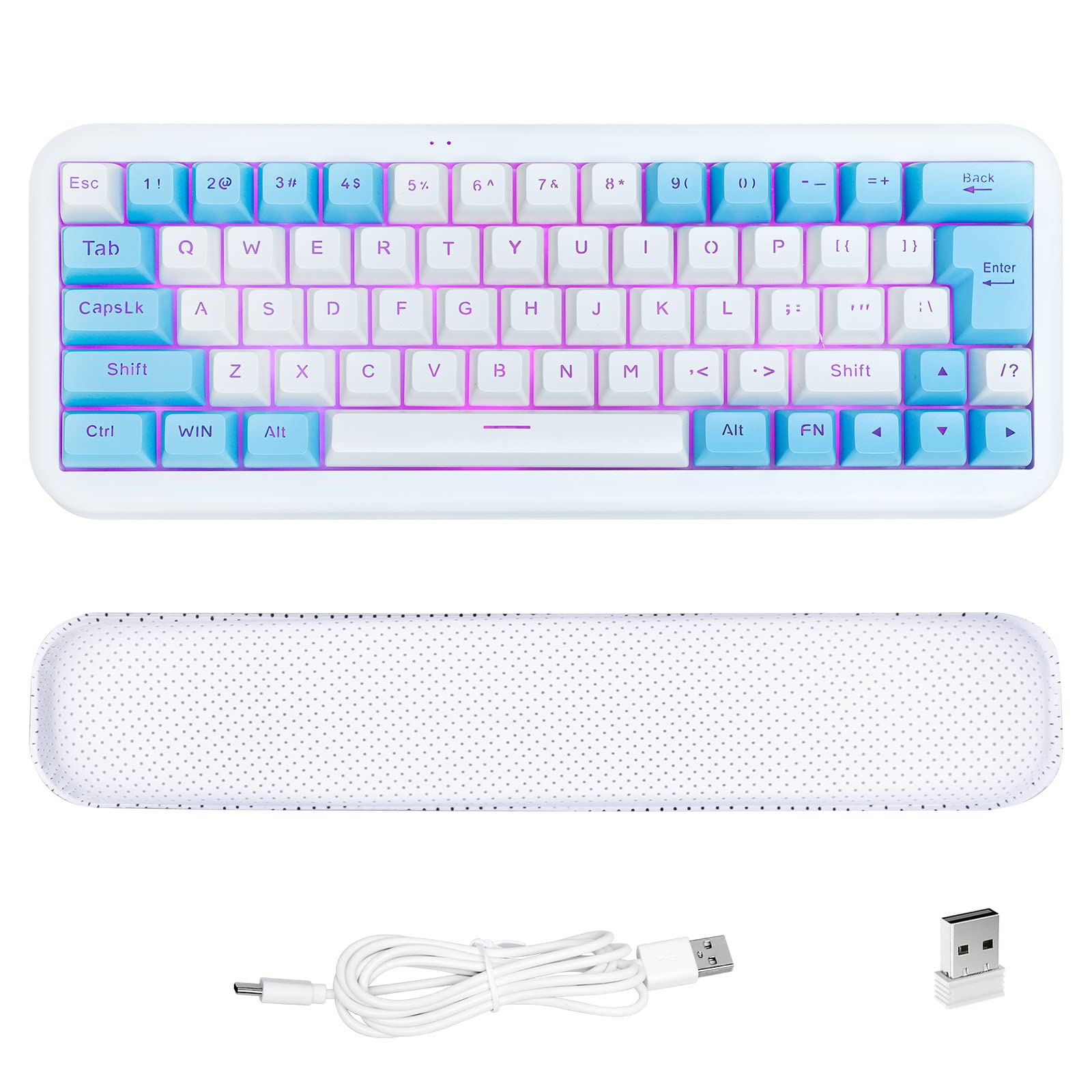 Apuode 60% Wireless Gaming Keyboard, RGB Backlit Ultra-Compact Mini Keyboard with Wrist Rest, Waterproof Mini Compact 61 Keys Keyboard for PC/Mac Gamer, Easy to Carry on Business Trip(White)