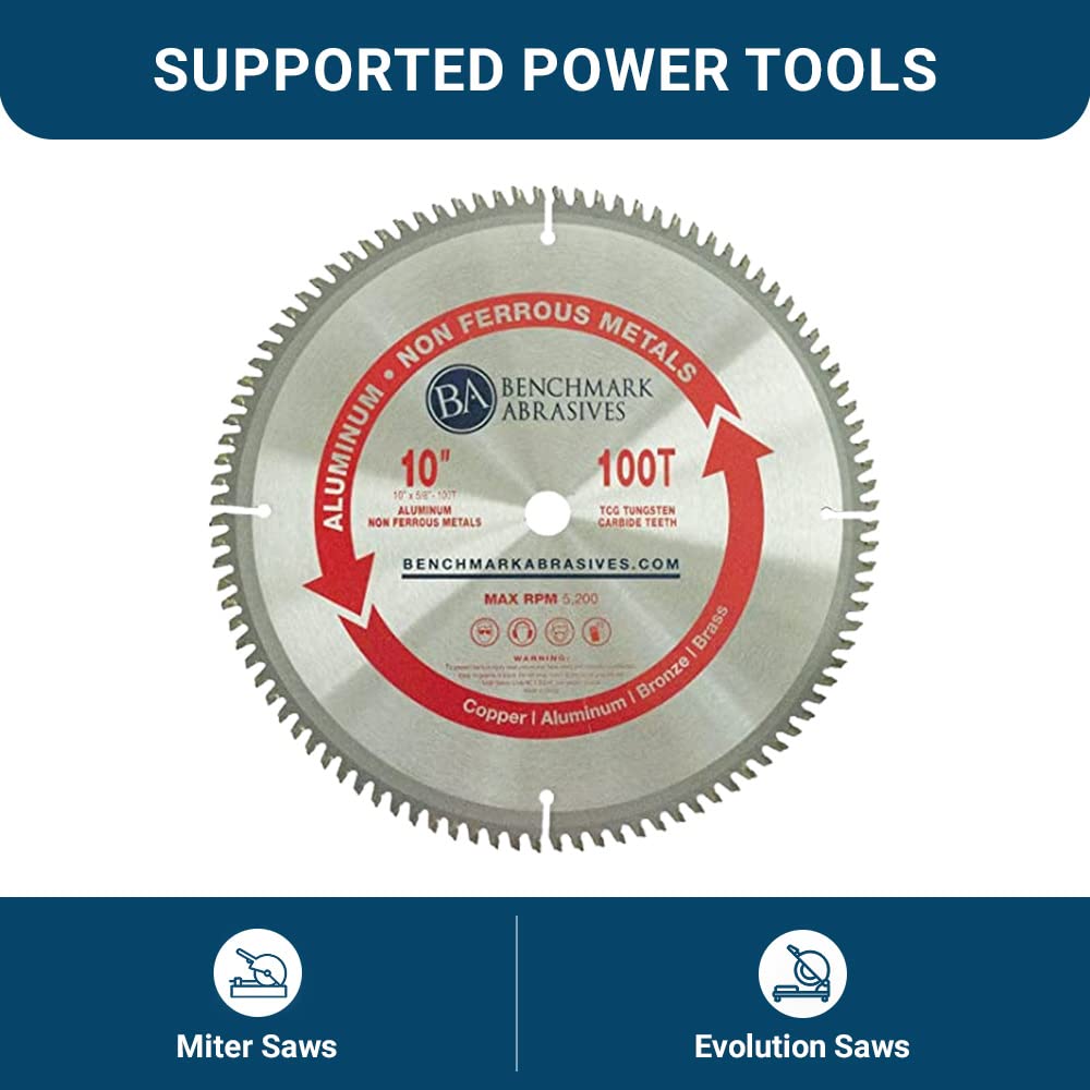 Benchmark Abrasives 10" TCT Saw Blade with 5/8" Arbor, Circular Saw Blades for Cutting Plastic Aluminum Non-Ferrous Metals Fiberglass, Smooth Cutting โ(10" - 100 Teeth)