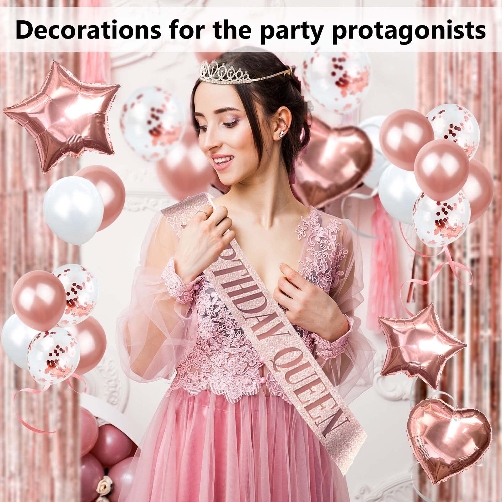 Party spot! 253 Pcs Birthday Decorations For Women, Rose Gold Party Decorations, Happy Birthday Decorations - Balloon Stand Kit, Tableware Kit,Pump, Banner, Tassel Curtain,Balloon, For 25 Guests