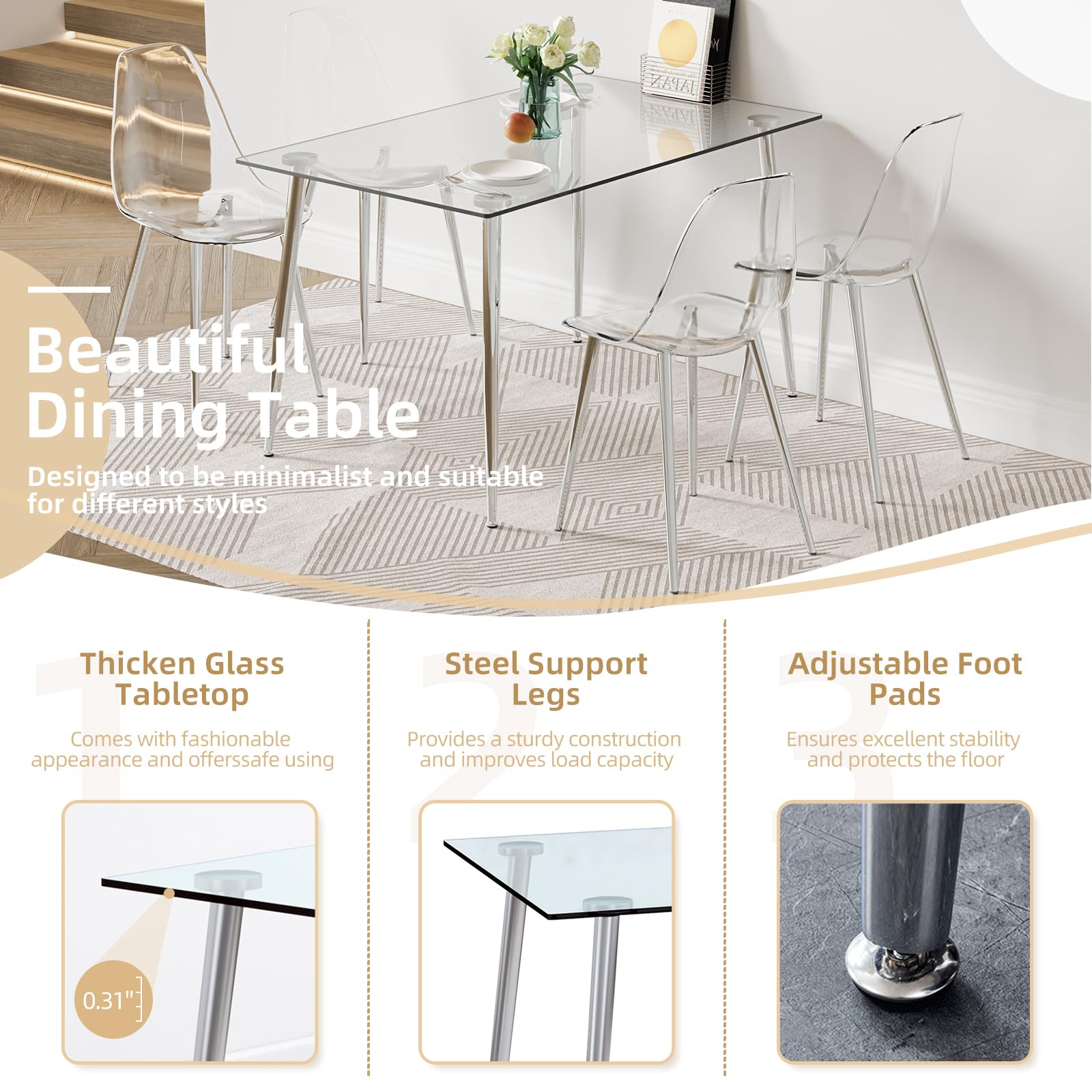 ARCLIS Glass Dining Table Set for 4, Kitchen Table and Chairs for 4, Modern Glass & Metal Rectangular Dining Room Table with Acrylic Chairs for Small Space, Apartment, Breakfast, Dinette