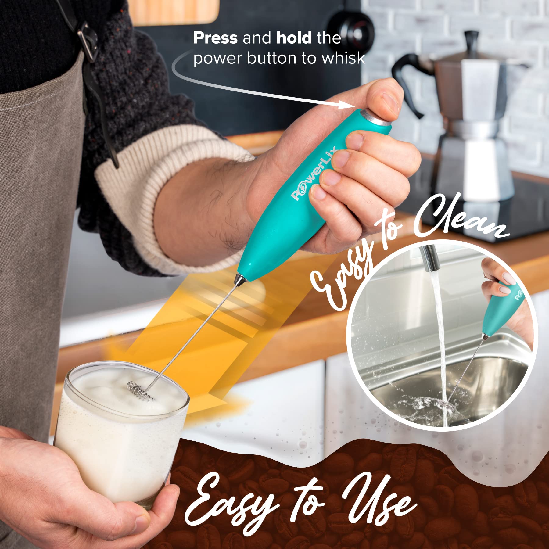 PowerLix Milk Frother No Stand Handheld Battery Operated Electric Foam Maker For Coffee, Latte, Cappuccino, Hot Chocolate, Durable Mini Drink Mixer With Stainless Steel Whisk (Aqua)