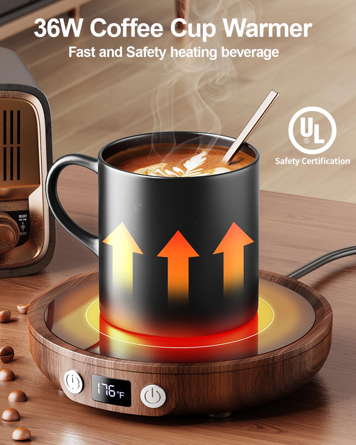 SWEETFULL Mug Warmer, 36W Coffee Cup Warmer for Desk with 3-Temp Settings Display, 2-12H Timer, Candle Warmer Plate, Coffee Accessories for Women Men Mom Dad - Wood