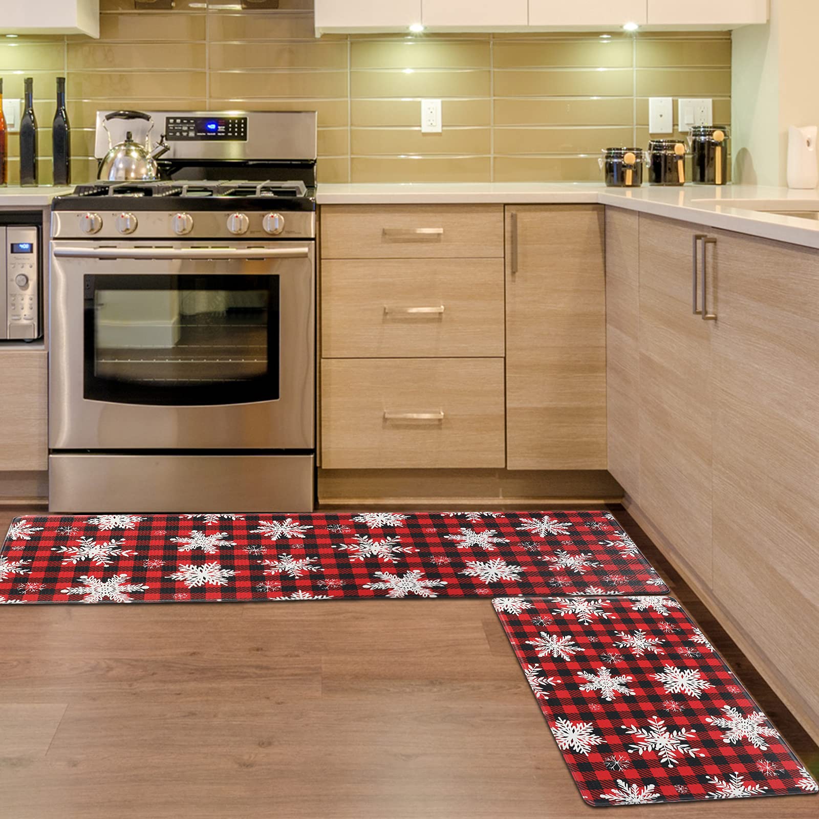 Anti Fatigue Kitchen Rugs Christmas Snowflake Buffalo Plaid Kitchen Mats Set of 2 Cushioned Comfort Standing Mats Non Slip Waterproof Kitchen Carpet for Sink 17.3"x29"+17.3"x47"