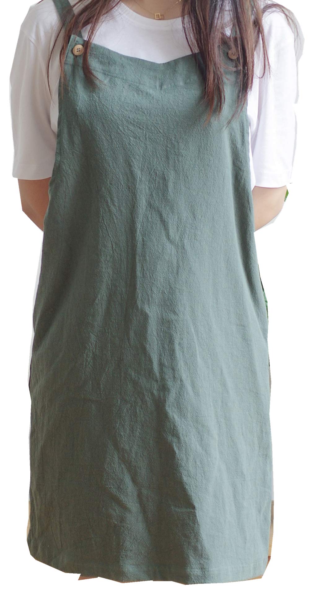 BBYBBS Adjustable Kitchen Apron Japan Style Cotton Linen with 2 Pockets Pinafore Apron For Women,Chef,Waitress,Hairstylist Fits for Grill,BBQ,Paint Cross Back H Shoulder Straps (Army Green)