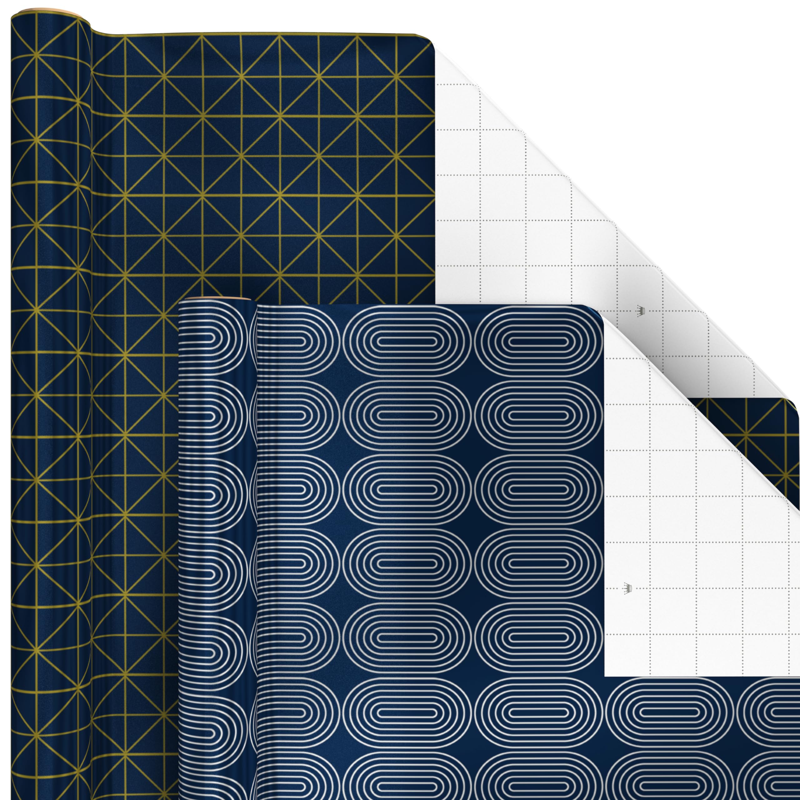 Hallmark Bulk Wrapping Paper Rolls for Birthday, Wedding, Graduation – Blue Metallic Gift Wrap Paper (Set of 6 Rolls: 180 Square Feet Total) Silver Stars, Gold Dots, Stripes, Navy