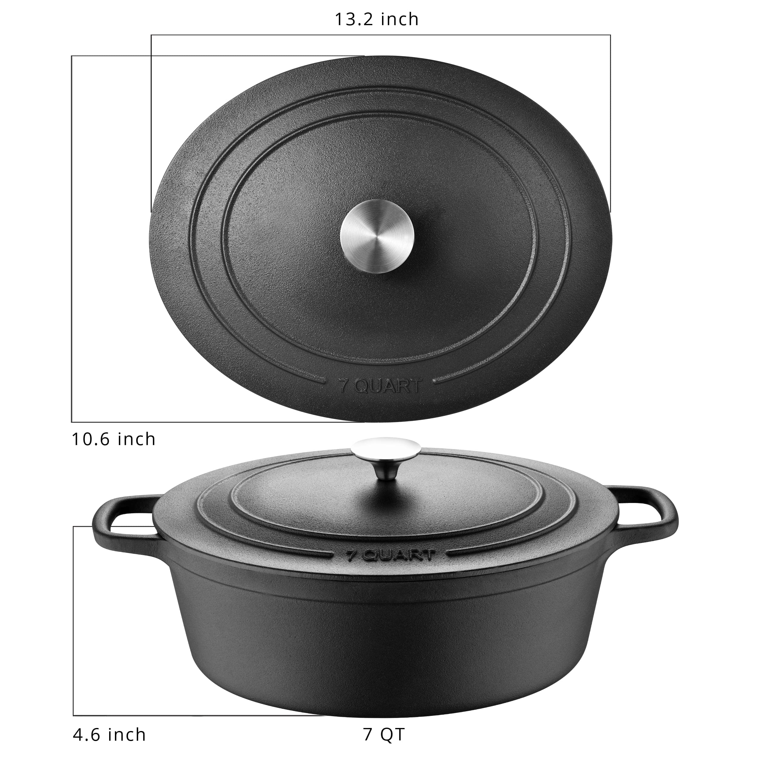 BBQ by MasterPRO - 7 Qt Pre Seasoned Cast Iron Oval Dutch Oven with Self Basting Lid and Stainless Steel Handle, 7 Quarts, Black