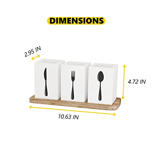 CHONIC Farmhouse Silverware Holder, Rustic Wood Silverware Caddy with Tray, Spoon Fork Knives Flatware Dispenser, Utensil Countertop Organizer, Plastic Cutlery Holder for Kitchen Party (White)