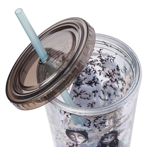 Silver Buffalo Corpse Bride Crow Background Plastic Confetti Cold Cup, 24 Ounces