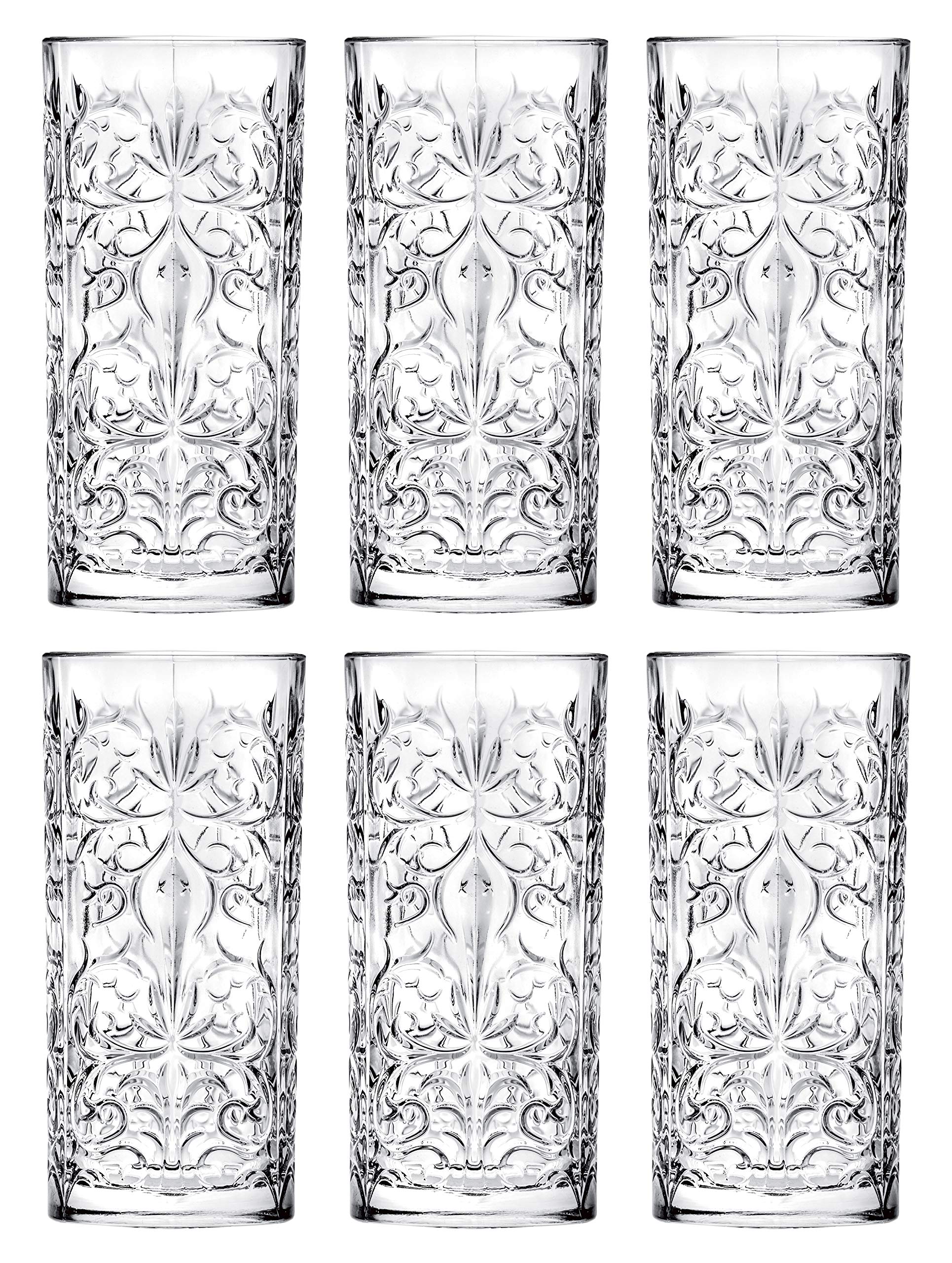 Barski Highball - Glass - Set of 6 - Hiball Glasses - Glass Crystal - Beautiful Tattoo Design - Drinking Tumblers - for Water, Juice, Wine, Beer and Cocktails - 13 oz Made in Europe