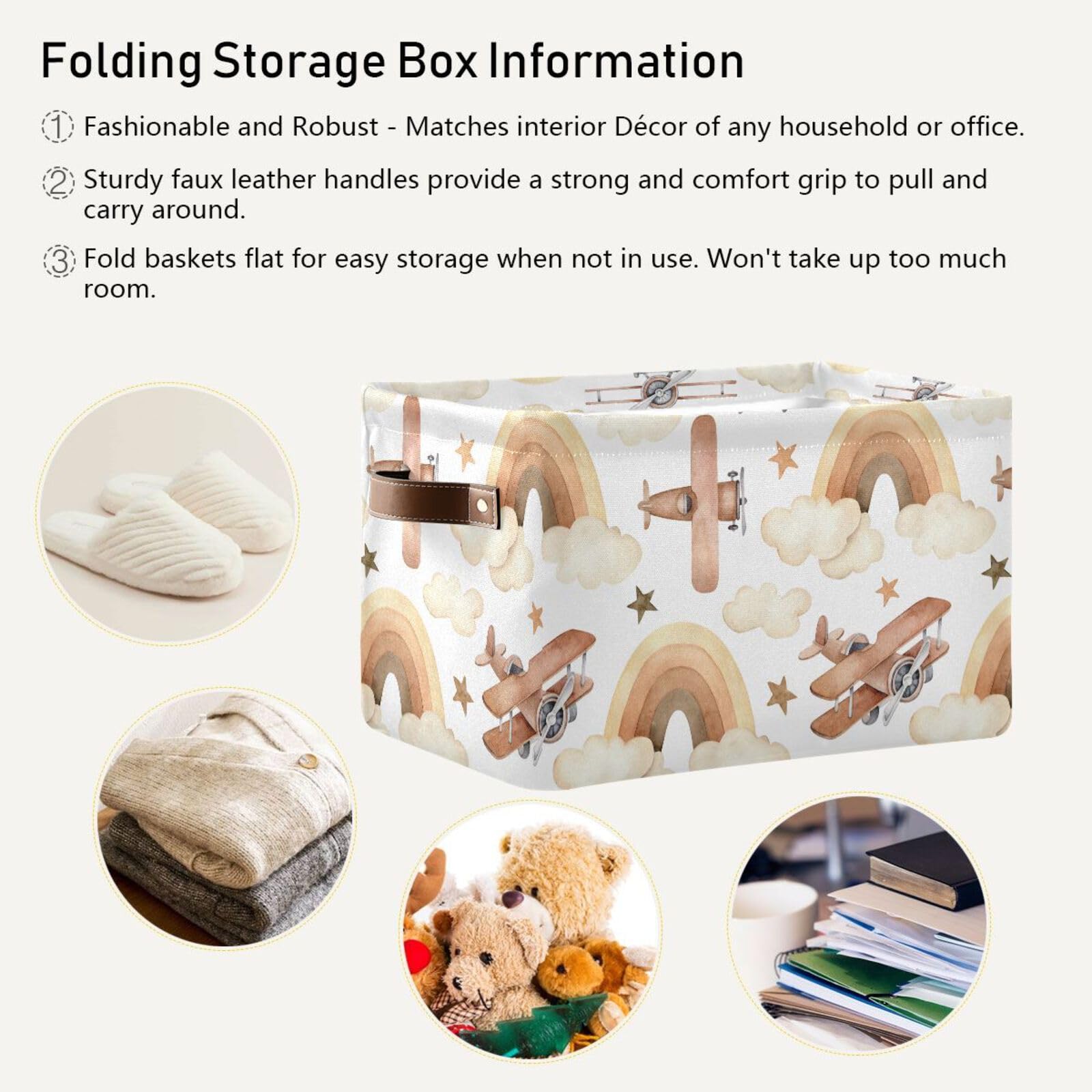 susiyo Large Foldable Storage Bin Airplane Rainbow Fabric Storage Baskets Collapsible Decorative Baskets Organizing Basket Bin with PU Handles for Shelves Home Closet Bedroom Living Room-2Pack