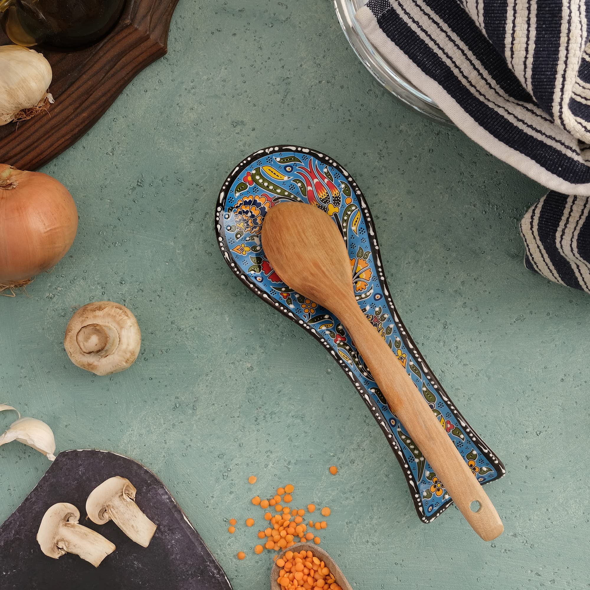 BCS Spoon Rest Set of 2 - Ceramic Spoon Holder for Stovetop & Kitchen Counter - Dishwasher Safe Handmade Kitchen Utensil (Blue-Red 3.5β W x 9" L)