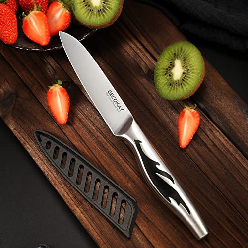BECOKAY Paring Knife with Sheath, 4 Inch Sharp Peeling Fruits Knives, Portable Bread Knives, High Carbon German Stainless Steel Kitchen Knife with Full-tang Handle for Gift Fruit Meat Outdoor