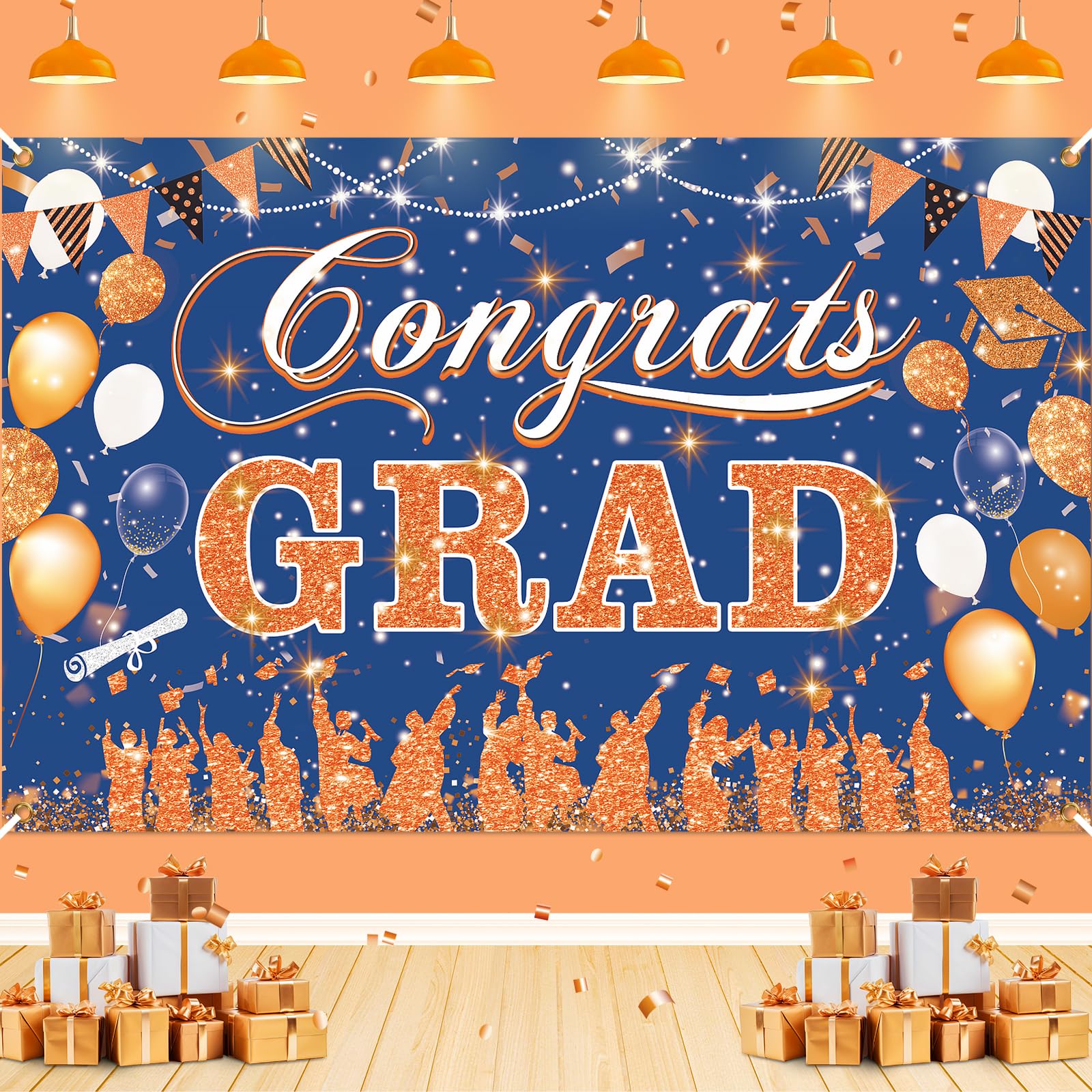 Blue Orange Graduation Decoration Banner, Blue Orange Congrats Grad Banner 2024 Blue Orange Graduation Party Banner for Class of 2024 High School College Graduation Party 70.8x43.3 inch