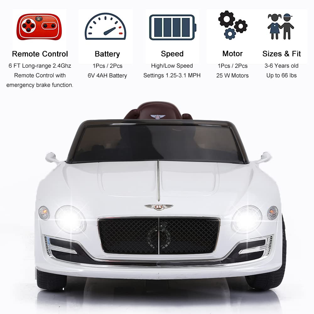 Bentley EXP 6V Battery Powered Ride On Car for Kids, Remote Control Toy Vehicle with Music Player, LED Light, 2 Driving Modes (6V White)