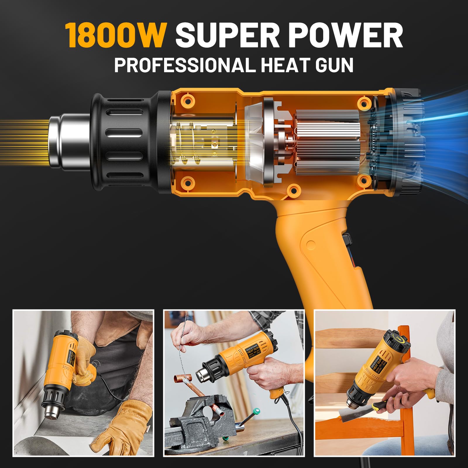 SEEKONE Heat Gun 1800W Heavy Duty Hot Air Gun Kit With Carry Case Variable Temperature Control 122℉~1112℉(50℃- 600℃) Overload Protection with 4 Nozzles for Crafts, Shrinking PVC, Stripping Paint