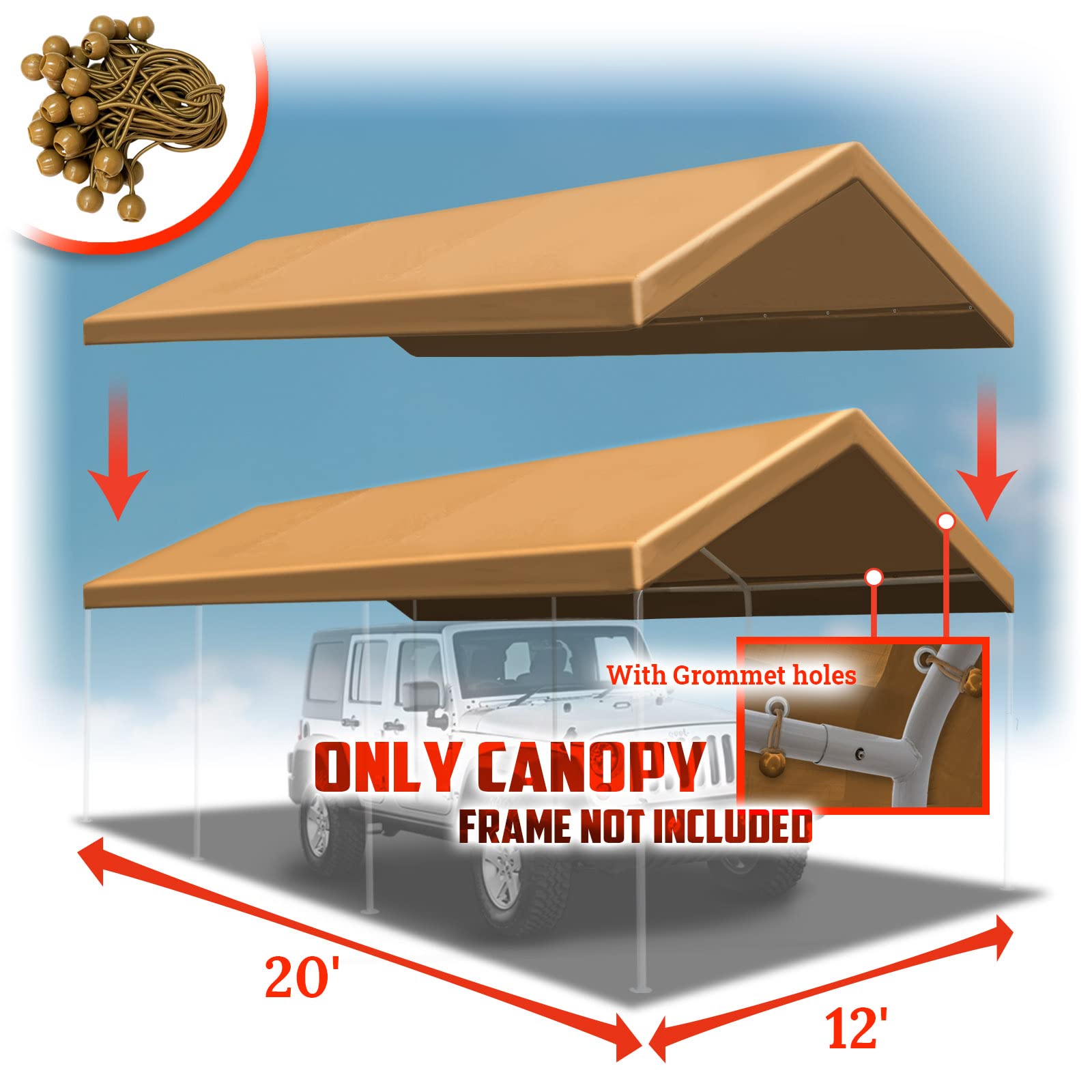 BenefitUSA 12'x20' Upgraded Carport Canopy Tent Garage Replacement Car Shelter Cover with Bungees,Frame is not Included (Tan)