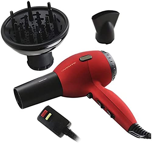 Ovente 1875 Watt Professional Hair Dryer with Diffuser, Ionic & Tourmaline Technology, For Body, Volume & Smoothing, Concentrator Attachment & Travel Bag, Lightweight for Home Use, Black & Red X3400BR