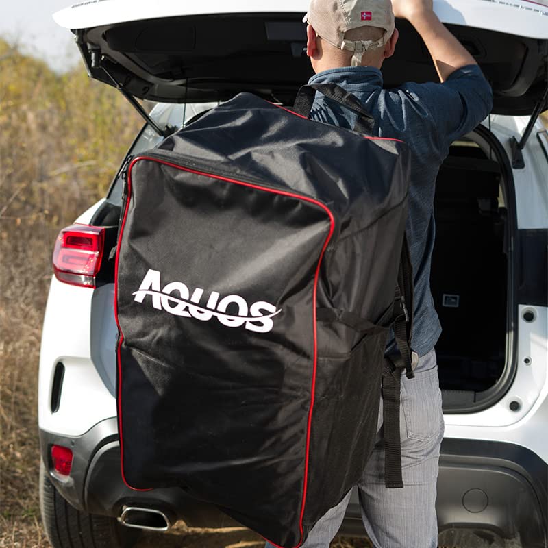 AQUOS Backpack Series 7.5ft Inflatable Pontoon Boat with Guard Bar, Folding Seat and Haswing Bow Mount 20 LBS Electric Trolling Motor for One Person Lure Fishing