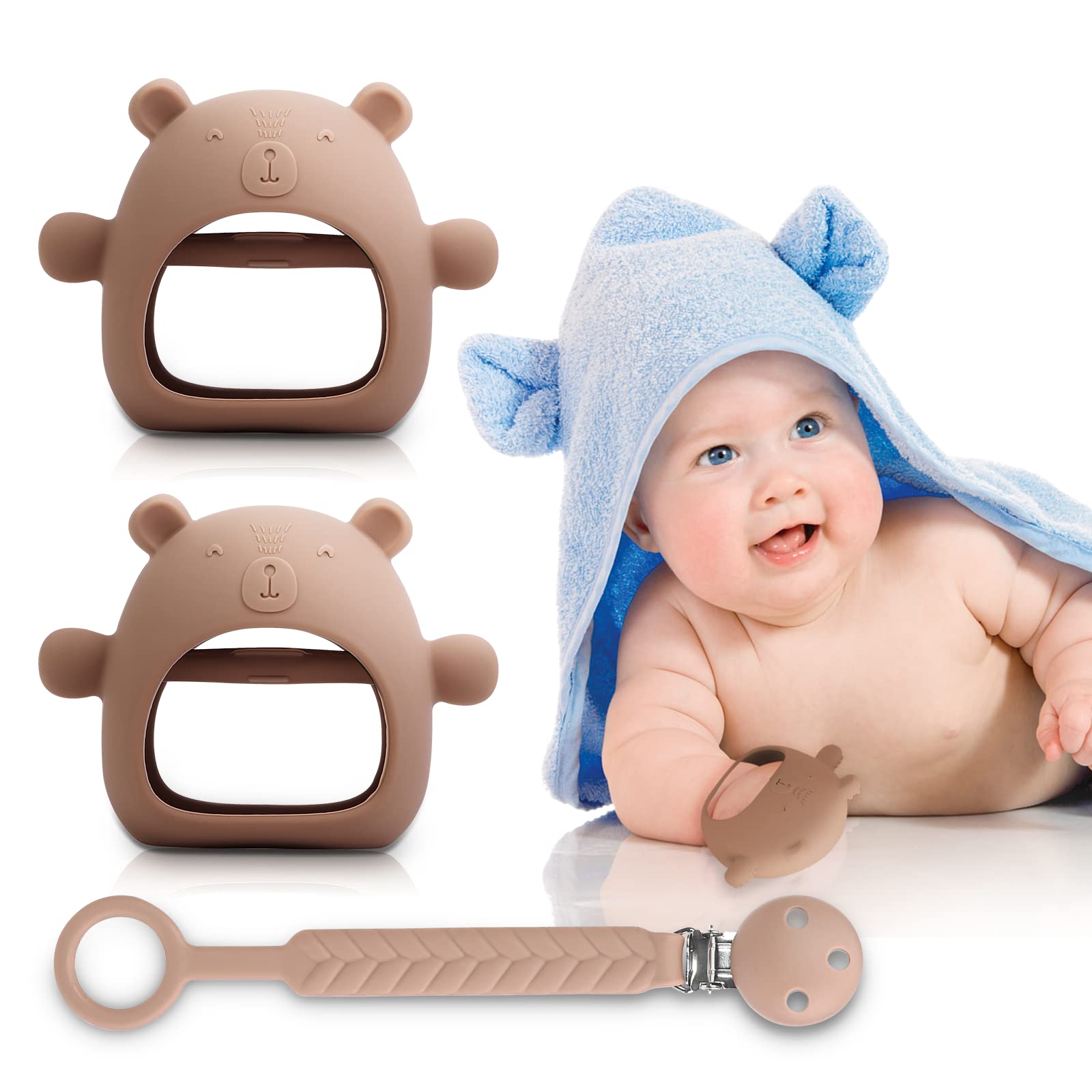 Baby Teether for 0-6 Months 2 Pack Never Drop Baby Teething Toys for 6-12 Months+1 Pack Pacifier Clip,Silicone Baby Chew Toys for Infant Sucking Needs,Baby Toys 3-6 Month Baby Mitten Teether(Brown)