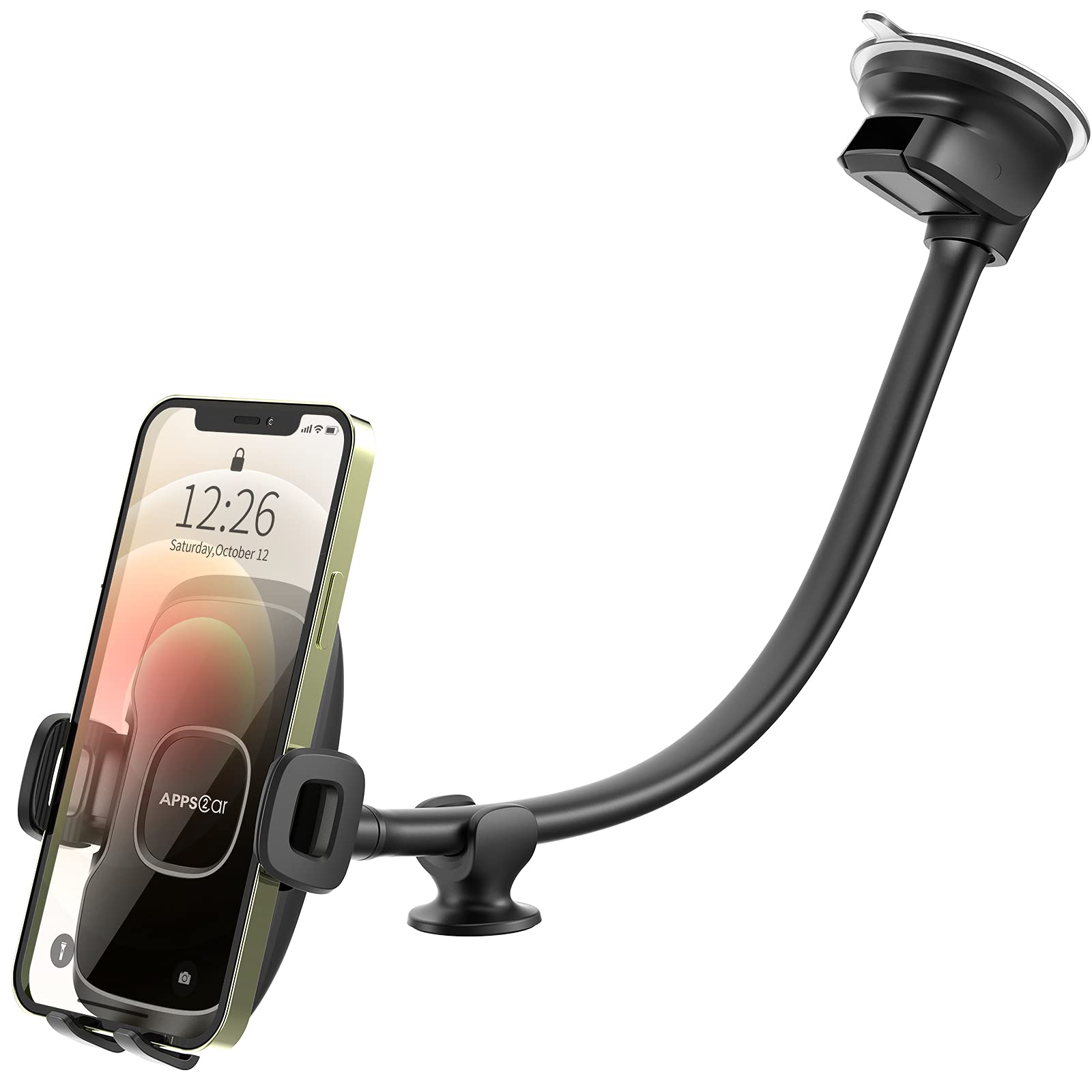 APPS2Car 13'' Gooseneck Car Phone Holder,Heavy Duty Phone Holder for Truck, [Flexibile Long Arm] [Anti shake stabilizer]Windshield Car Phone Mount Suction Cup,Fit For iPhone, Samsung &Other Cellphone