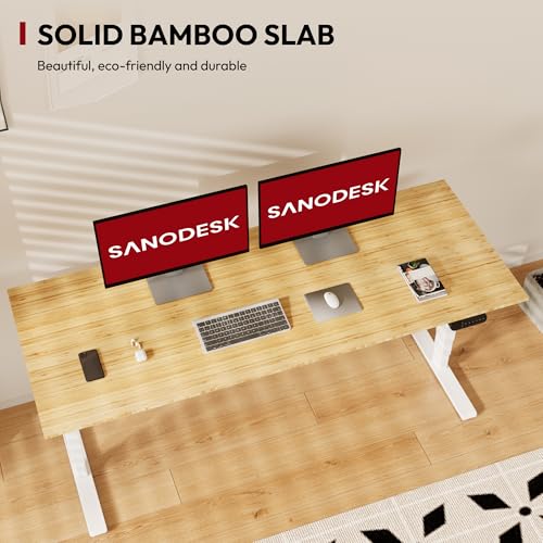 SANODESK 55 Inch 3 Stage Bamboo Electric Standing Desk, Dual Motor Height Adjustable Desk, Whole-Piece Bamboo Desktop Sit to Stand Home Office Desk (White Frame/ 55β x 28β Natural Bamboo Top)