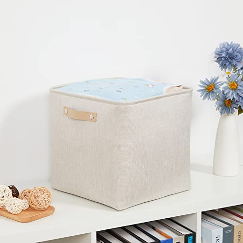 Bidtakay Fabric Storage Cubes Baskets Large 13x13 Set of 4 Soft Storage Bins for Shelves Clothes Toy Storage Collapsible Baskets for Linen Closet Organization Cube Bins for Nursery Home (Light Beige)