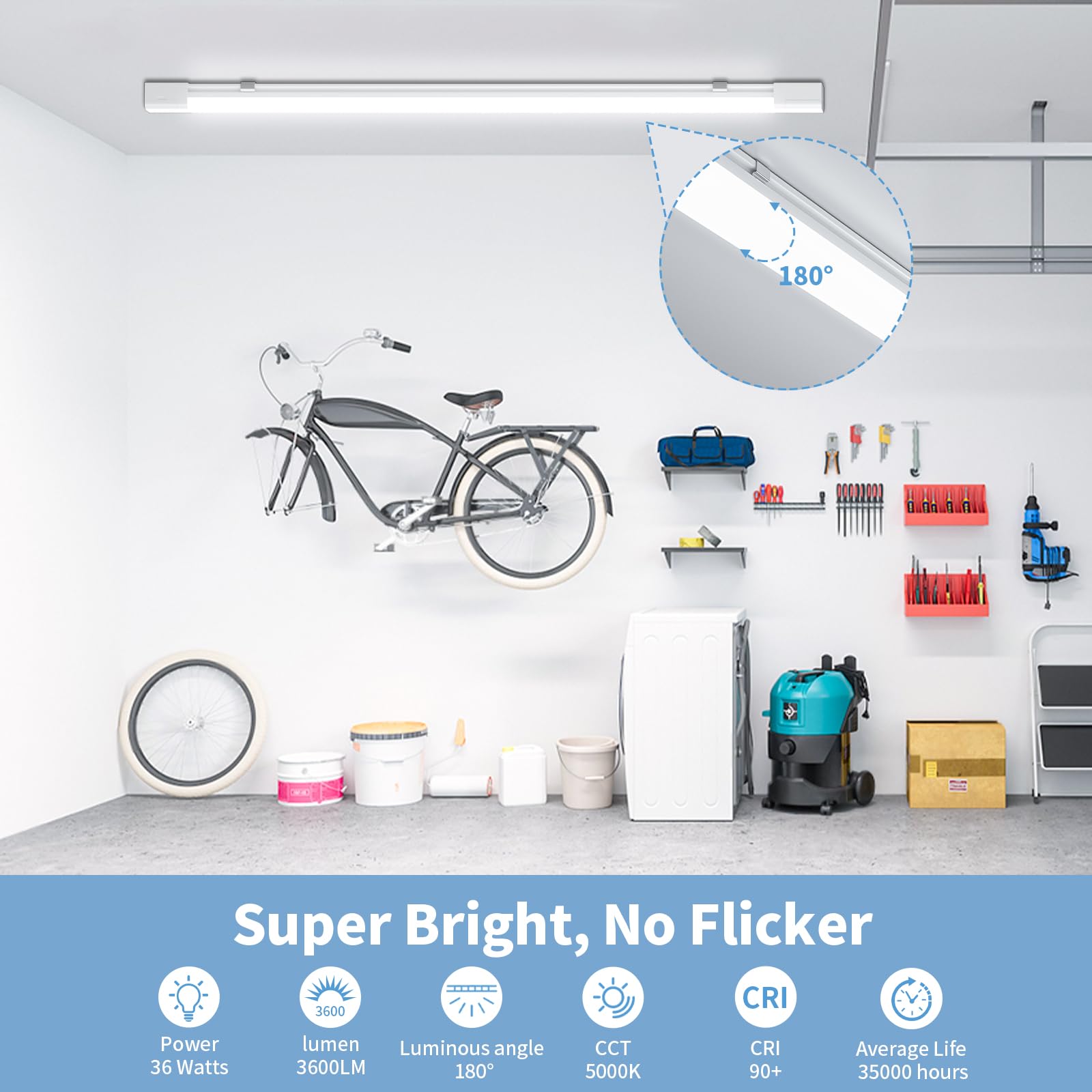 Ceiling Lights with Plug 5000K, 4FT Plug in Ceiling Light 36W LED Tube Lights Fixture with ON/Off Switch Linkable LED Closet Light for Bathroom, Garage, Workbench, Cabinet, Overhead Lighting