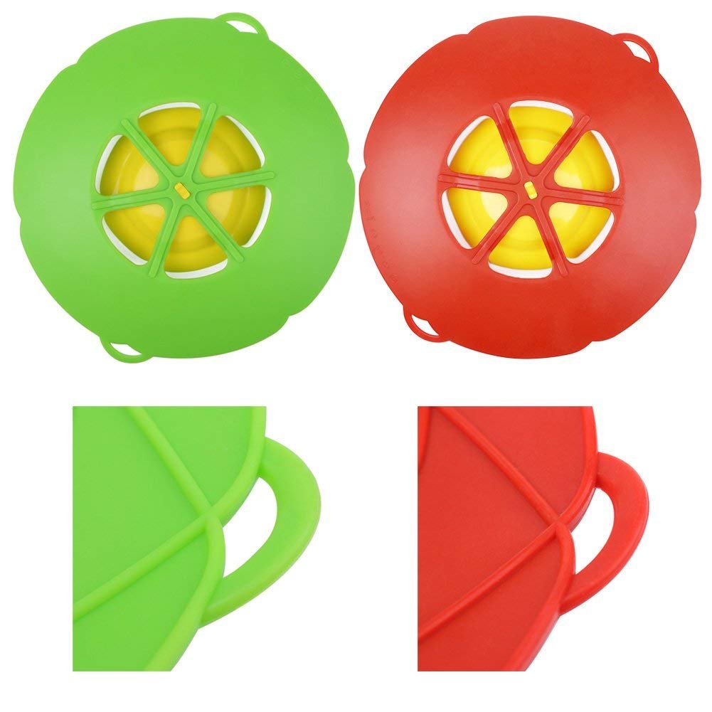 AUANDYU 2 X Spill Stopper Lid Cover And Spill Stopper, Boil Over Safeguard,Silicone Spill Stopper Pot Pan Lid Multi-Function Kitchen Tool (Green And Red)
