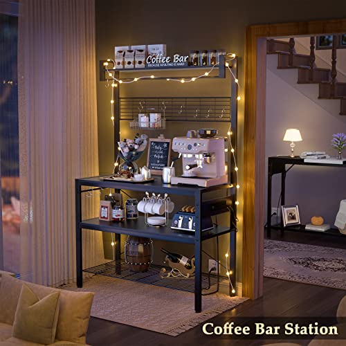 Bakers Rack with Power Outlet, 4-Tier Microwave Oven Stand, Coffee Bar Station with 10 Hooks, Large Kitchen Storage Shelf with Hutch, Black