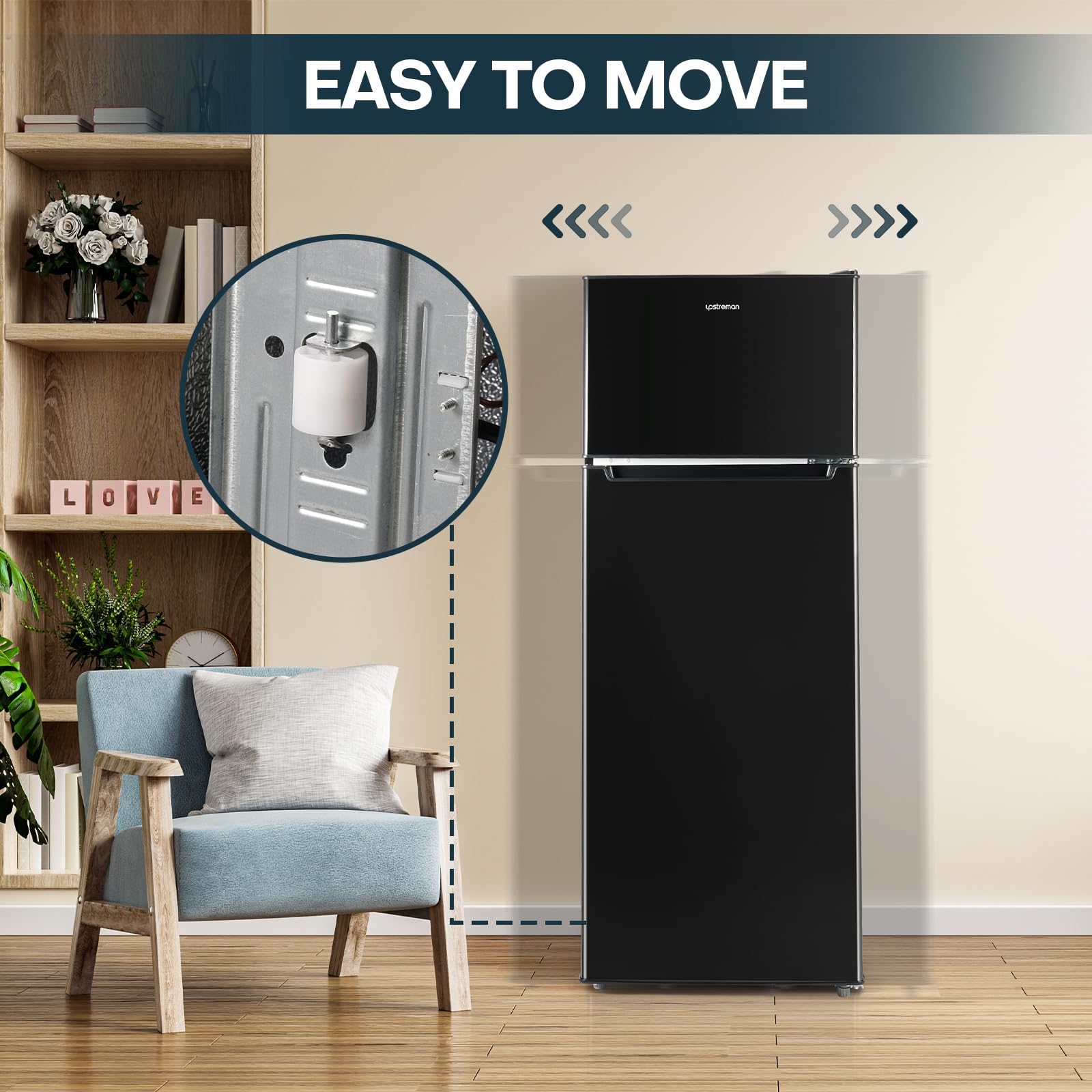 Upstreman 7.7 Cu.Ft. Refrigerator with Freezer, Double Door Refrigerator, Adjustable Thermostat, Large Capacity, Reversible Door Swing, Refrigerator for Apartment, Office, Dorm, Black(BD75)